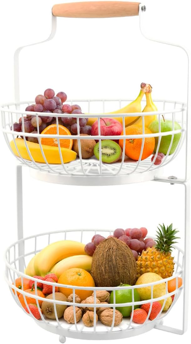 ANNTIM 2 Tier Fruit Basket, White Countertop Metal Fruit Basket, 2 Tier ...