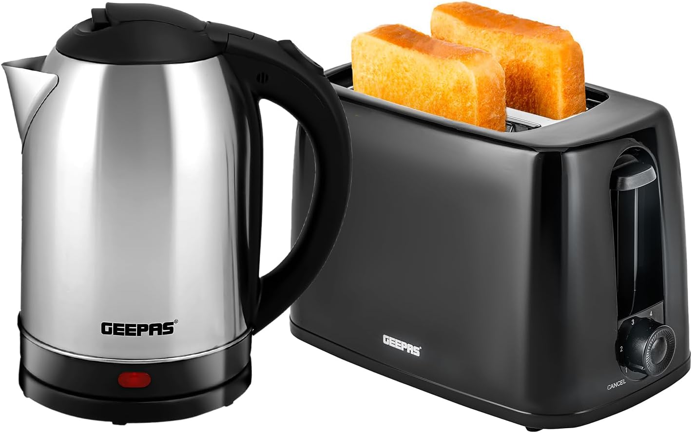 Geepas Electric Kettle & 2 Slice Bread Toaster Kitchen Set | 1500W 1.8L Stainless Steel Cordless ...