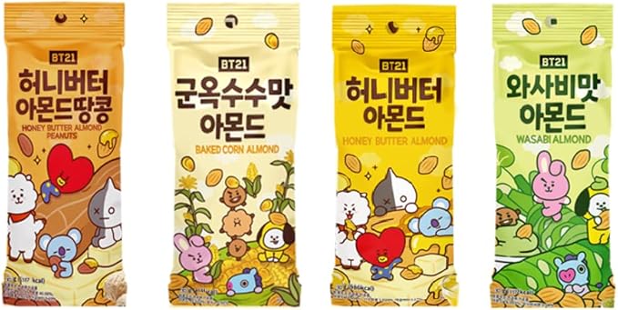 Amazon.co.jp: BTS BT21 アーモンド4種セット 各30g (ハニーバターピーナッツ/ハニーバターアーモンド/わさび味アーモンド/とうもろこし 味アーモンド) : 食品・飲料・お酒