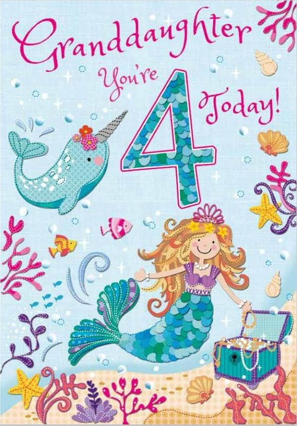 Twizler 4th Birthday Card For Girl with Cute Mermaid & Glitter - Four ...