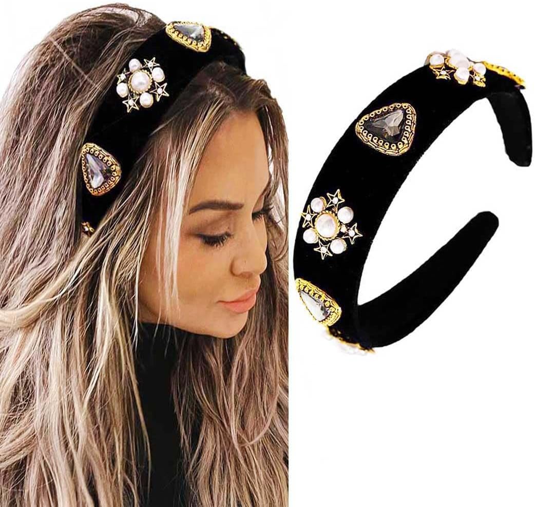 Amazon.com : Sinalty Black Velvet Wide Headbands Rhinestone Jeweled ...
