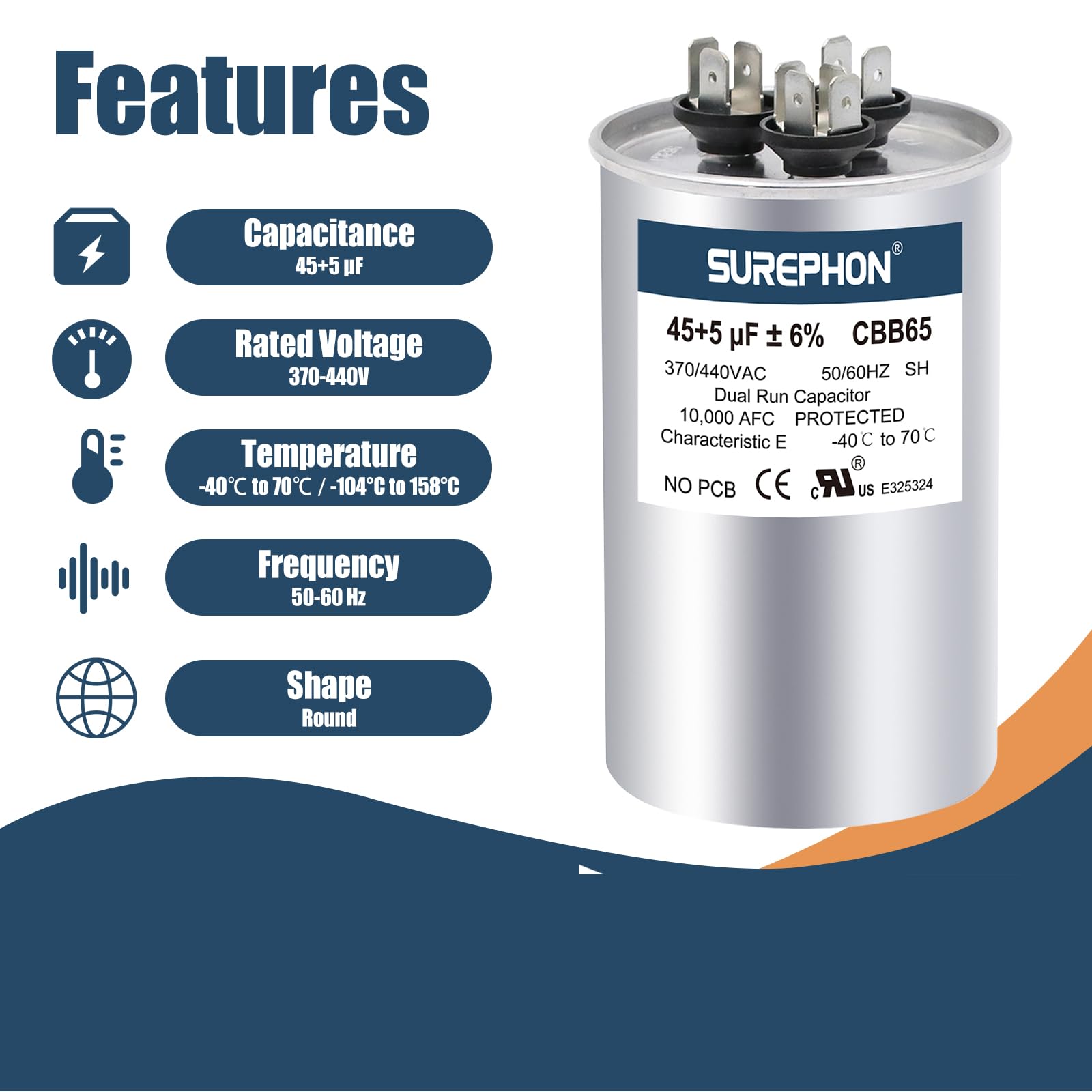 Snapklik.com : CBB65 Capacitor For Ac 45/5 Uf 45+5 MFD 6% Run Dual 370 ...