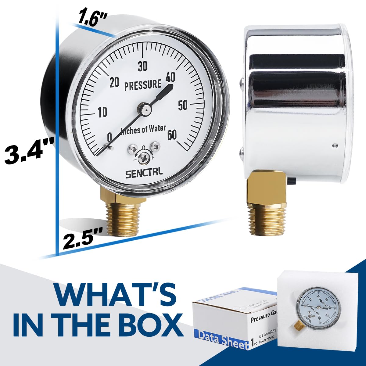 Snapklik.com : SENCTRL 0-60 Inches Of Water Column Gauge, Low Pressure ...