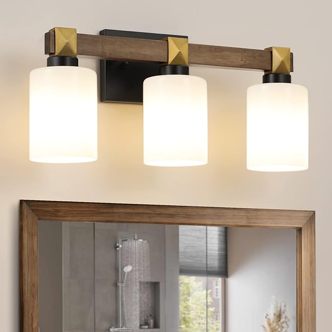 3-Light Farmhouse Bathroom Vanity Light Fixtures, Wood Bathroom Light ...