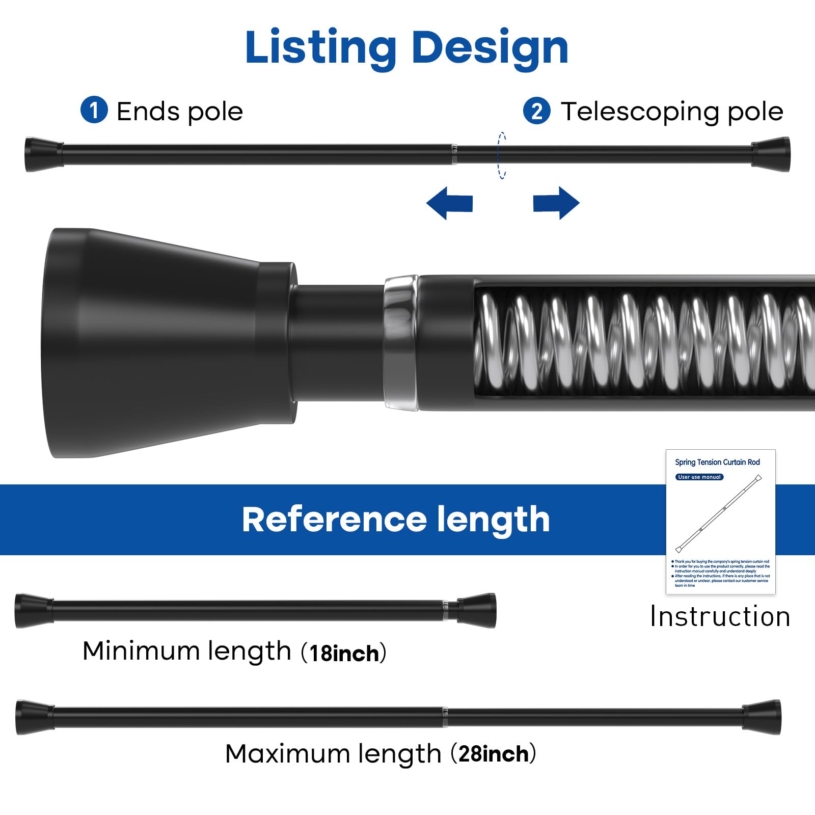 Snapklik.com : Black Tension Curtain Rod Tension Rod 18 To 28 Inch ...