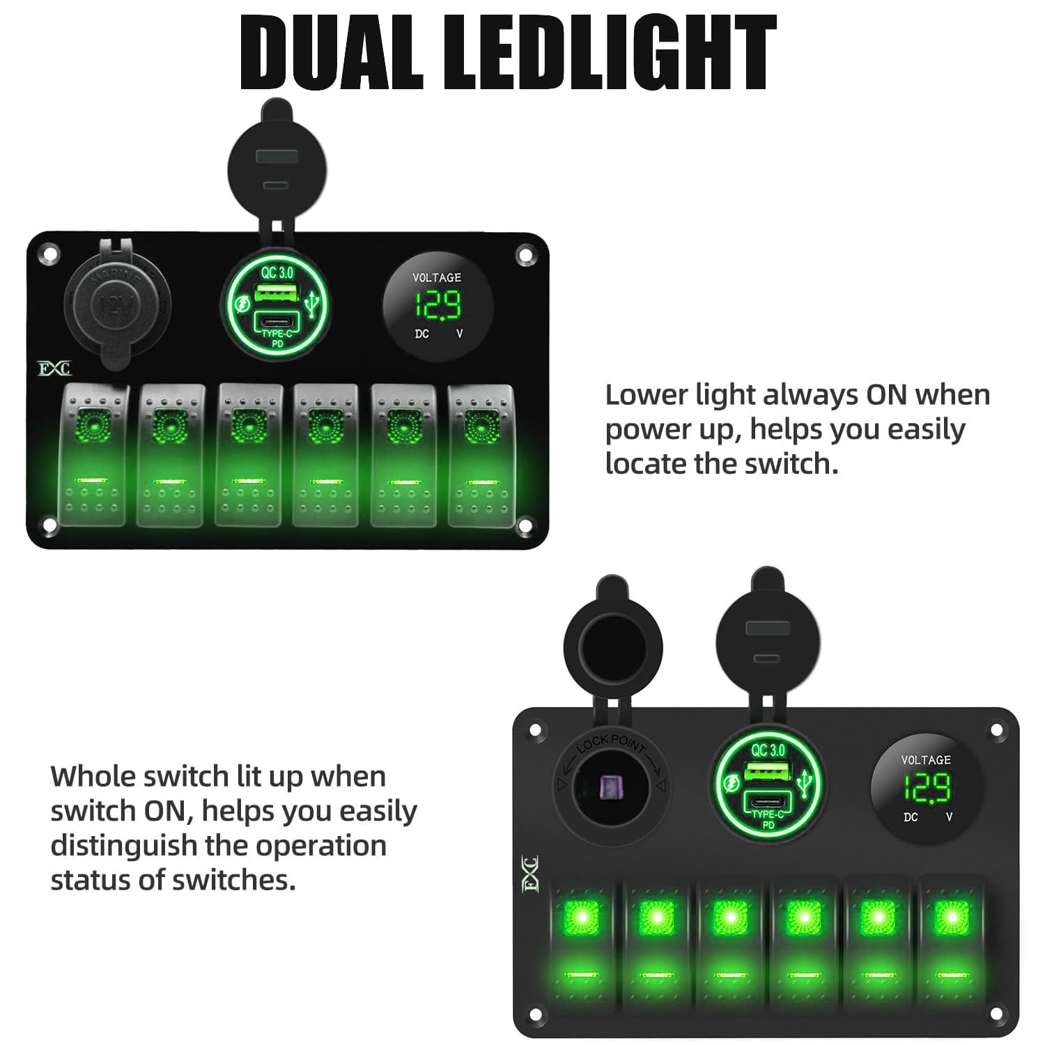 Snapklik.com : FXC 15A Inline Fuse 6 Gang Green LED Lighted Marine Rocker Switch Panel ...