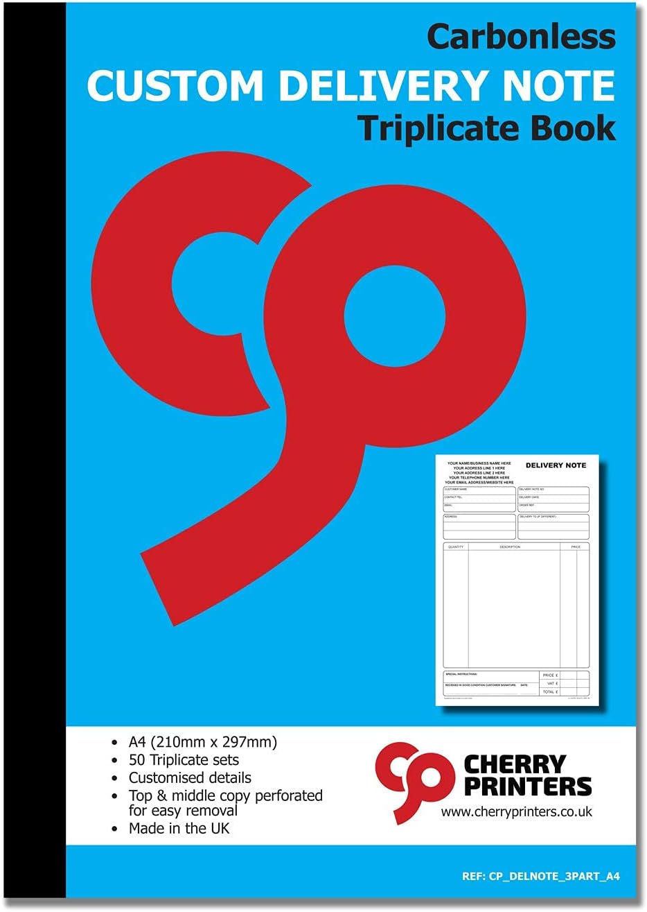 Cherry Carbonless NCR **Custom** Delivery Note Triplicate Book A4 50 ...