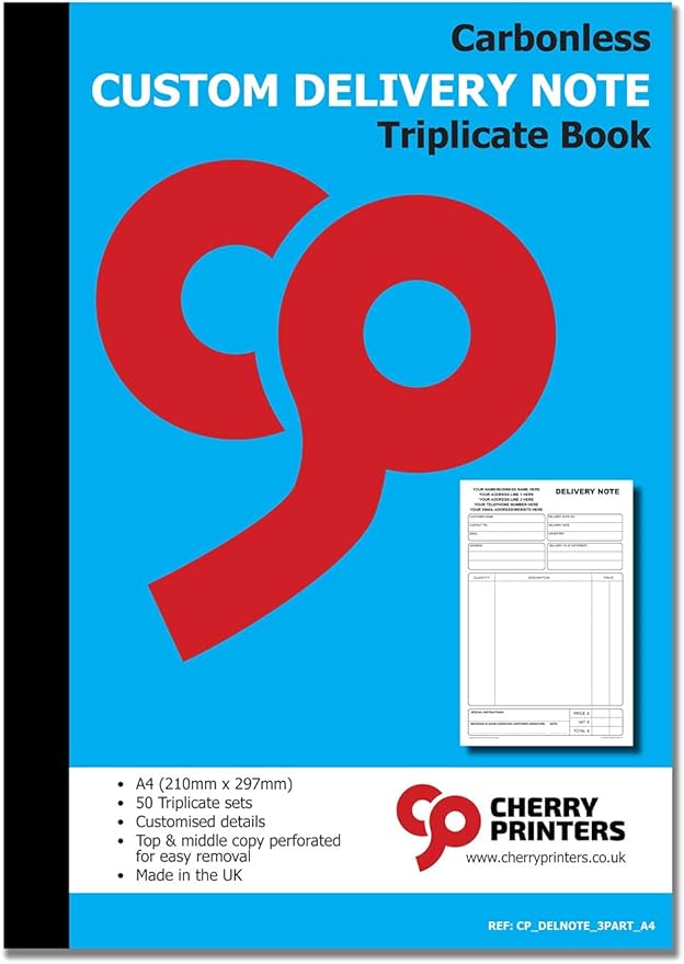 Cherry Carbonless NCR **Custom** Delivery Note Triplicate Book A4 50 ...