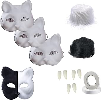 Amazon.com: Fivean 3 Pcs White Paper Cat Mask with Faux Fur and Teeth ...