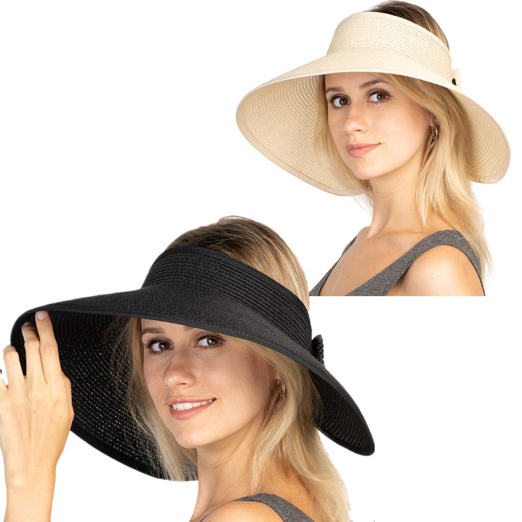Women Sun Visors Foldable Straw Hats Summer Beach Packable Hat Floppy ...