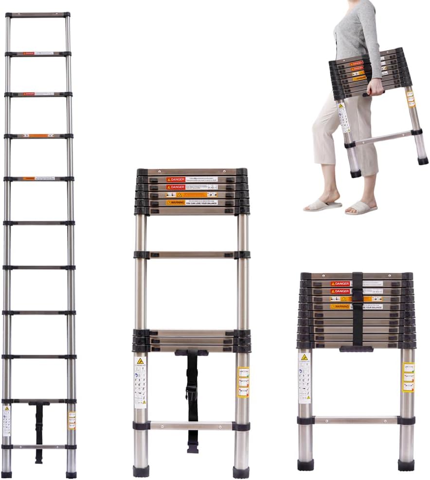 Telescoping Ladder, 10 FT Stainless Steel Extension Ladder for Home ...