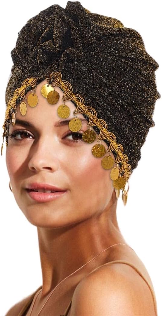 Woeoe Beanie Cap Head Wrap Gold Sequin Flower Head Turban Pre-tied ...