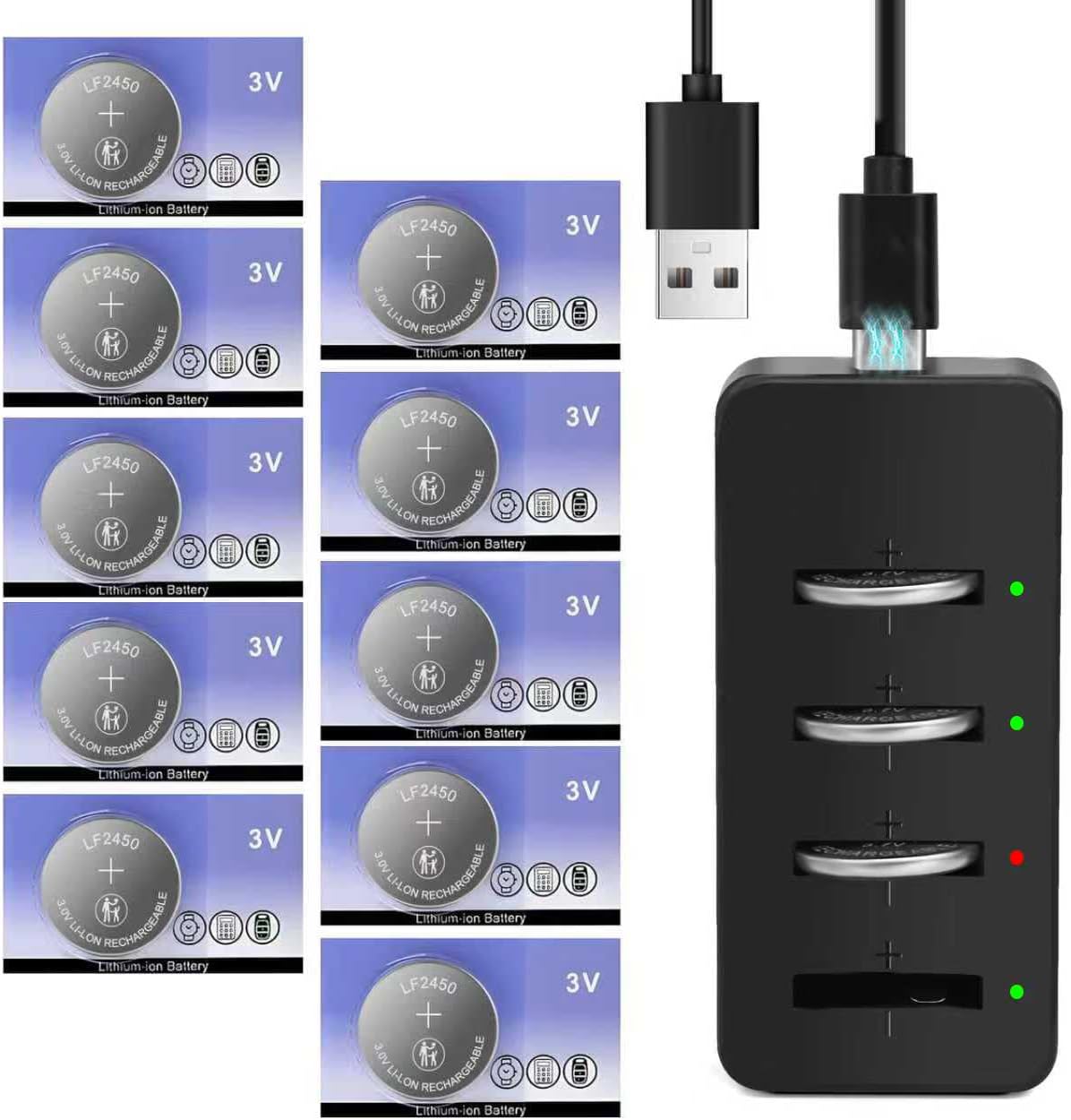 Amazon.com: volkate CR2450 Rechargeable Battery with Charger, 10 Pack ...