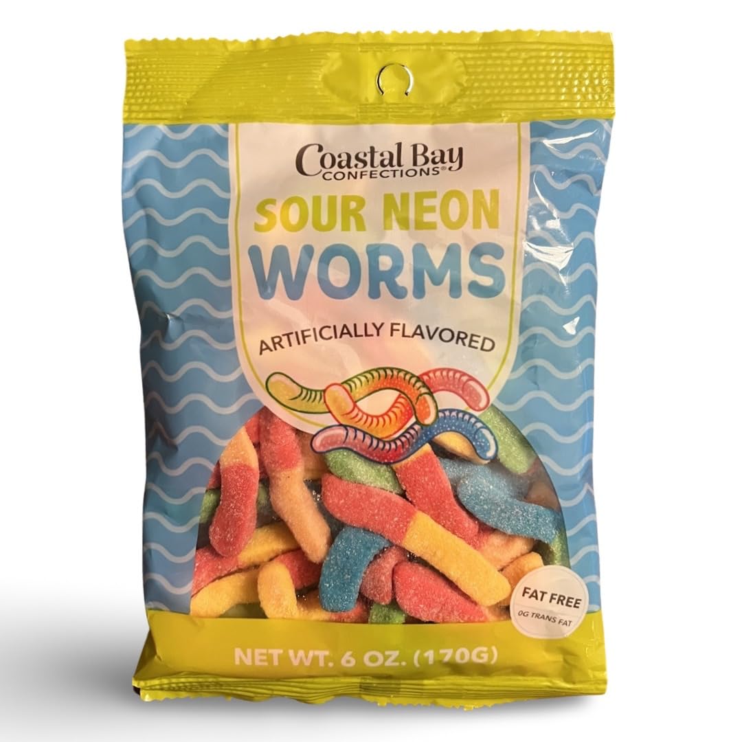Amazon.com : Sour Neon Gummy Worms by Coastal Bay Confections - 6 Oz ...