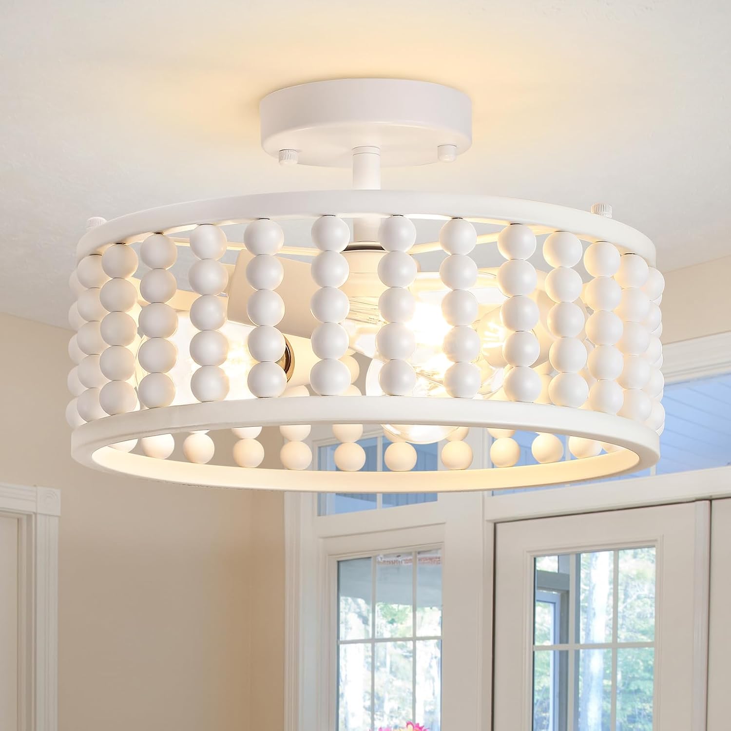 Luupyia White Beaded Boho Ceiling Light 3Lights, 12.79inches Wooden ...