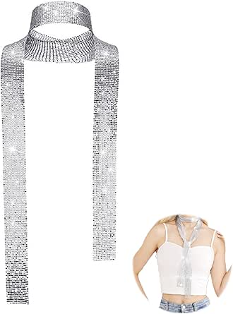 Siliget Sparkling Metallic Scarf, Silver Metal Sequins Scarf, Skinny ...