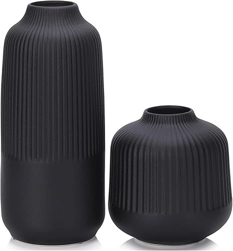 Amazon.com: Ceramic Flower Vase Set 2 Large Matte Black Vase for Home Decor Ribbed Vases for ...
