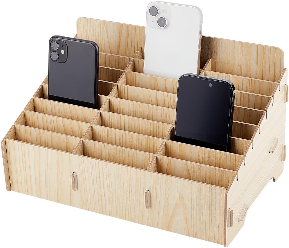 BENECREAT 24-Grid Wooden Cell Phone Storage Box, Beige Mobile Phone ...