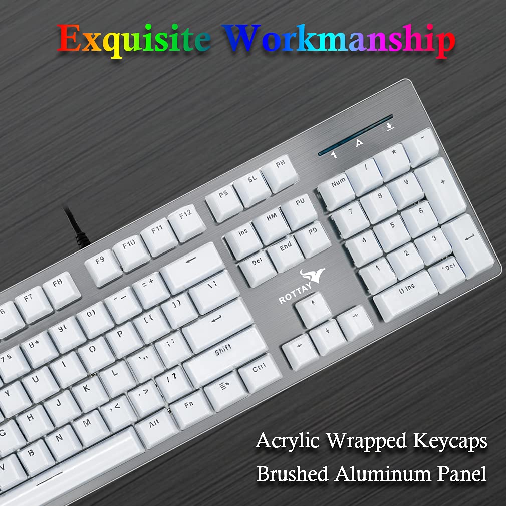ROTTAY Rainbow Backlit Mechanical Keyboard, White Gaming Keyboard ...