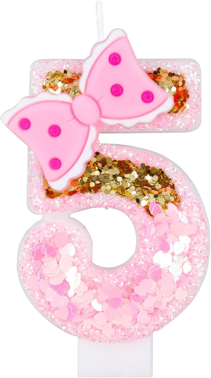 Amazon.com: Girls Pink 5 Number Birthday Candles, Gold Glitter Pink ...