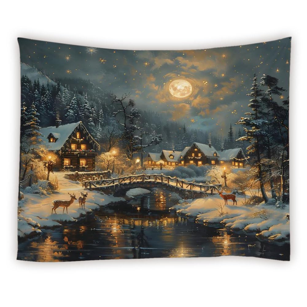 Amazon.com: Winter Tapestry Rustic Cabin Deer Misty Snowy Forest Pine ...
