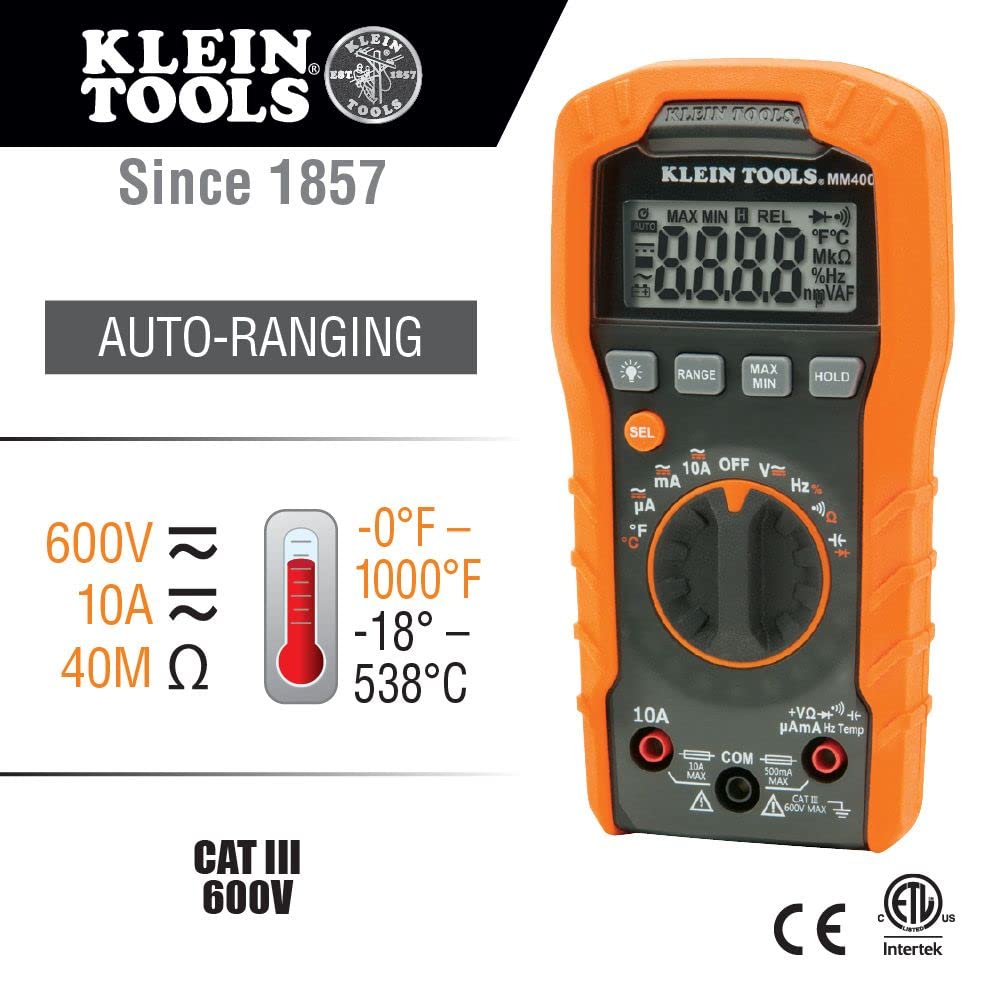 Klein Tools MM400 Multimeter, Digital Auto Ranging, AC/DC Voltage ...