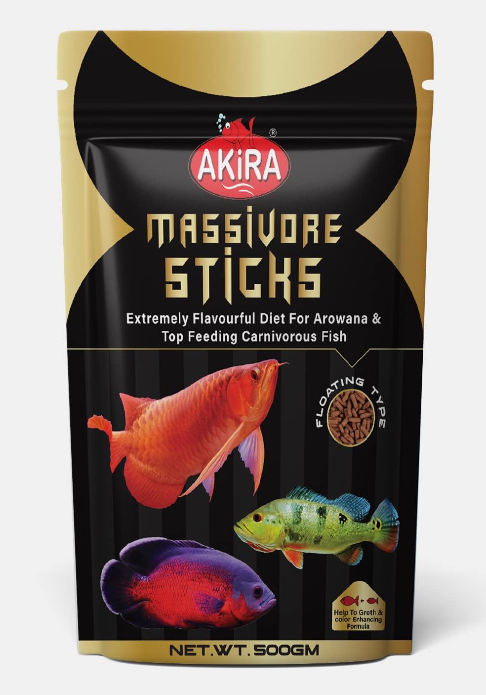 Akira MASSIVORE Sticks 500gm. Pouch,Protein 40% (for AROWANA Fish ...