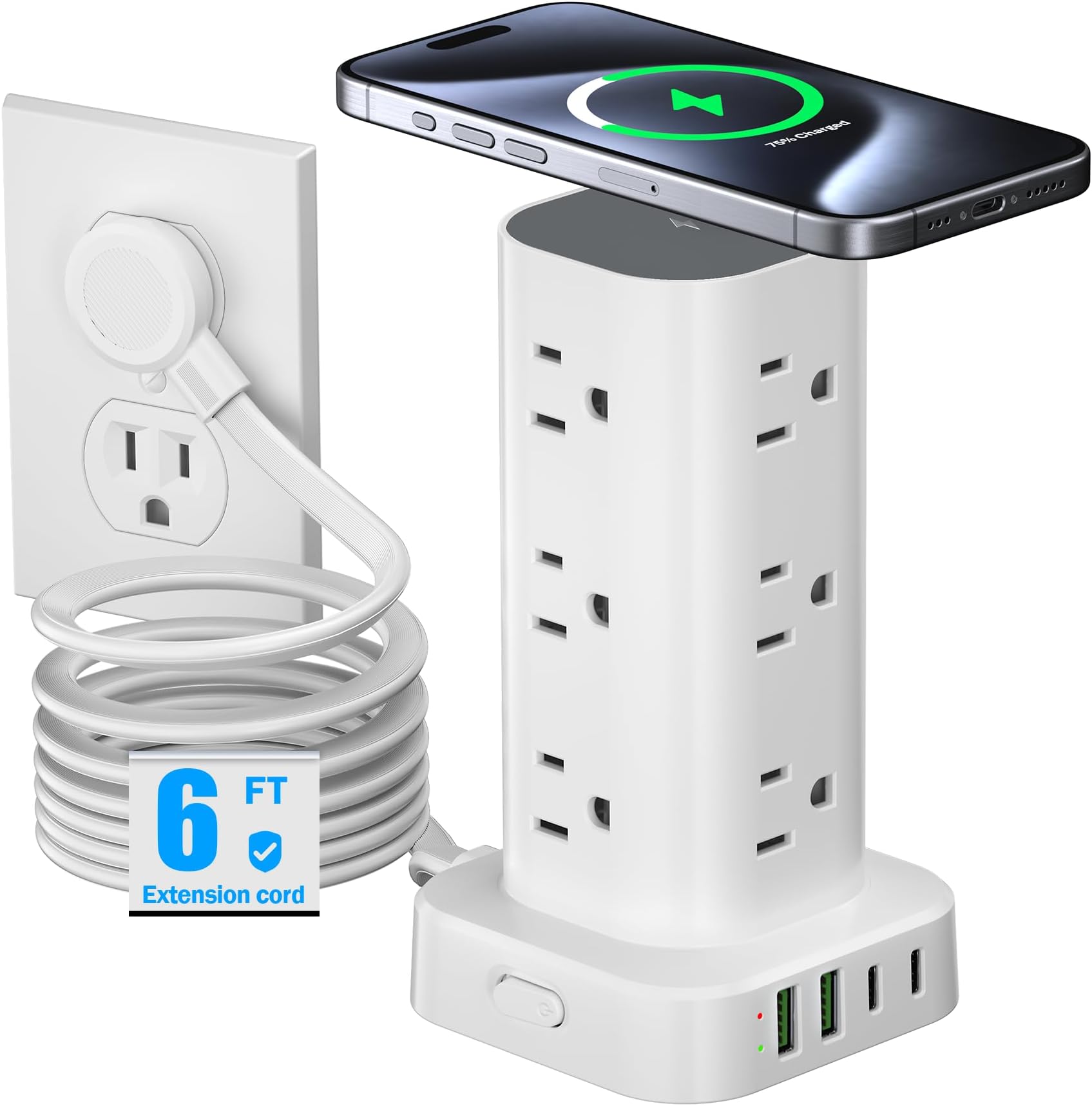 Amazon.com: Tower Power Strip with 15W Wireless Charger, 6FT Flat Plug ...