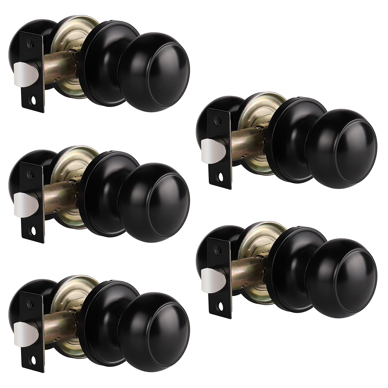 Gobrico Flat Ball Black Passage Door Locksets Hall and Closet Door Knobs Without Key 5Pack