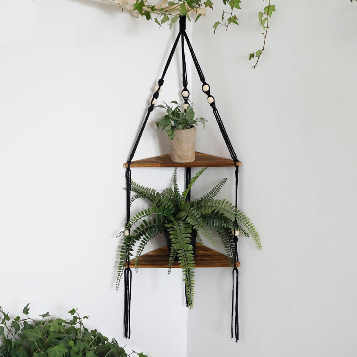 Amazon.com: Artilady Black Corner Shelf Wall Hanging - 2 Tier Wood ...