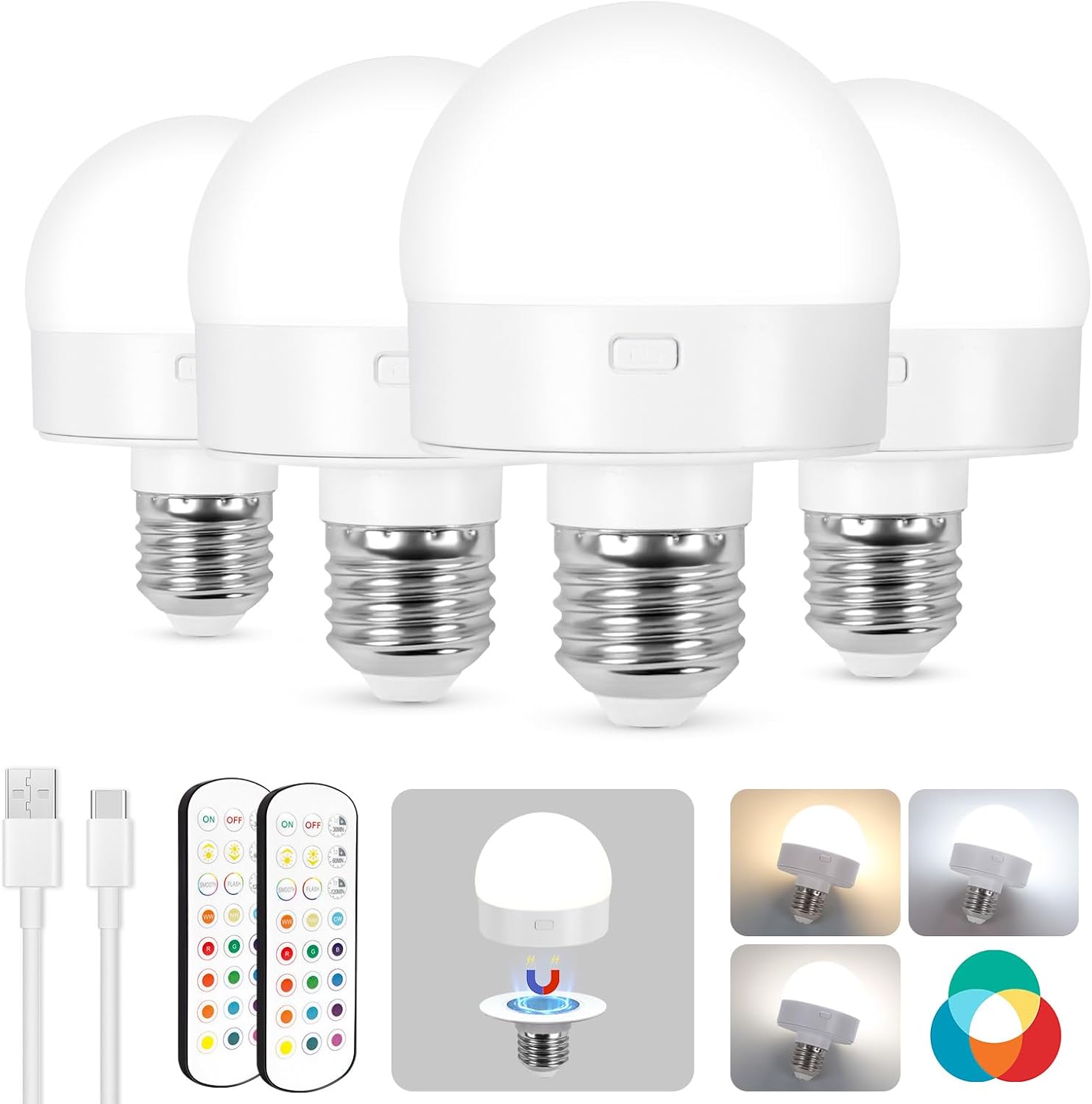 Rechargeable Battery Operated Light Bulb with Remote, Last 18-50 Hours ...