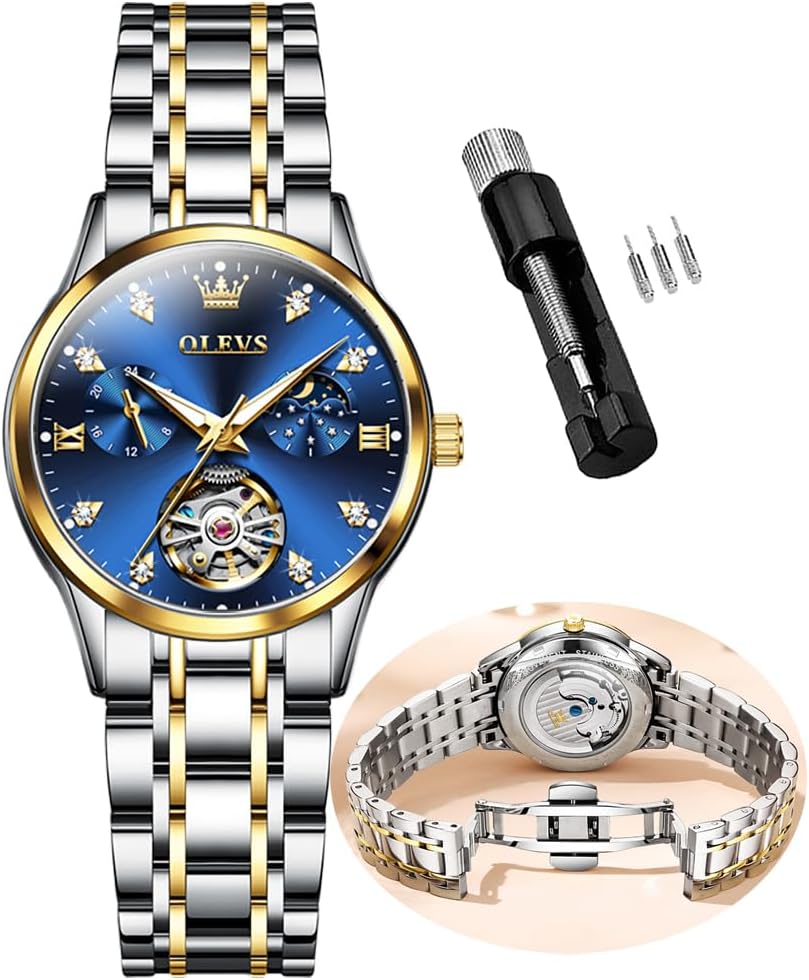 OLEVS Automatic Winding Hollow Skeleton Moon Phase Women's Watch ...