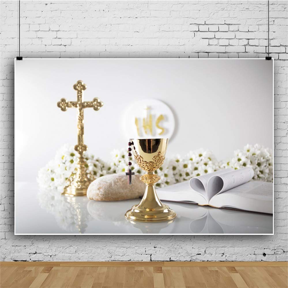 Buy Leowefowa First Holy Communion Backdrop 7x5ft Chalice Rosary ...