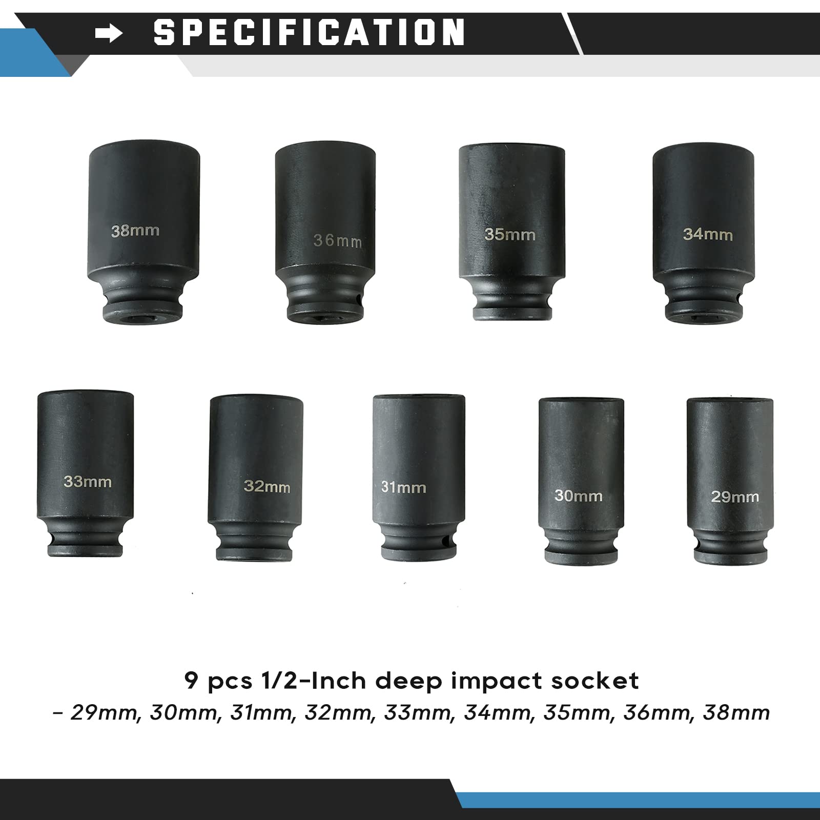 ATPEAM 1/2" Drive Deep Impact Socket Set 9PCS 6 Point Metric Axle Nut ...