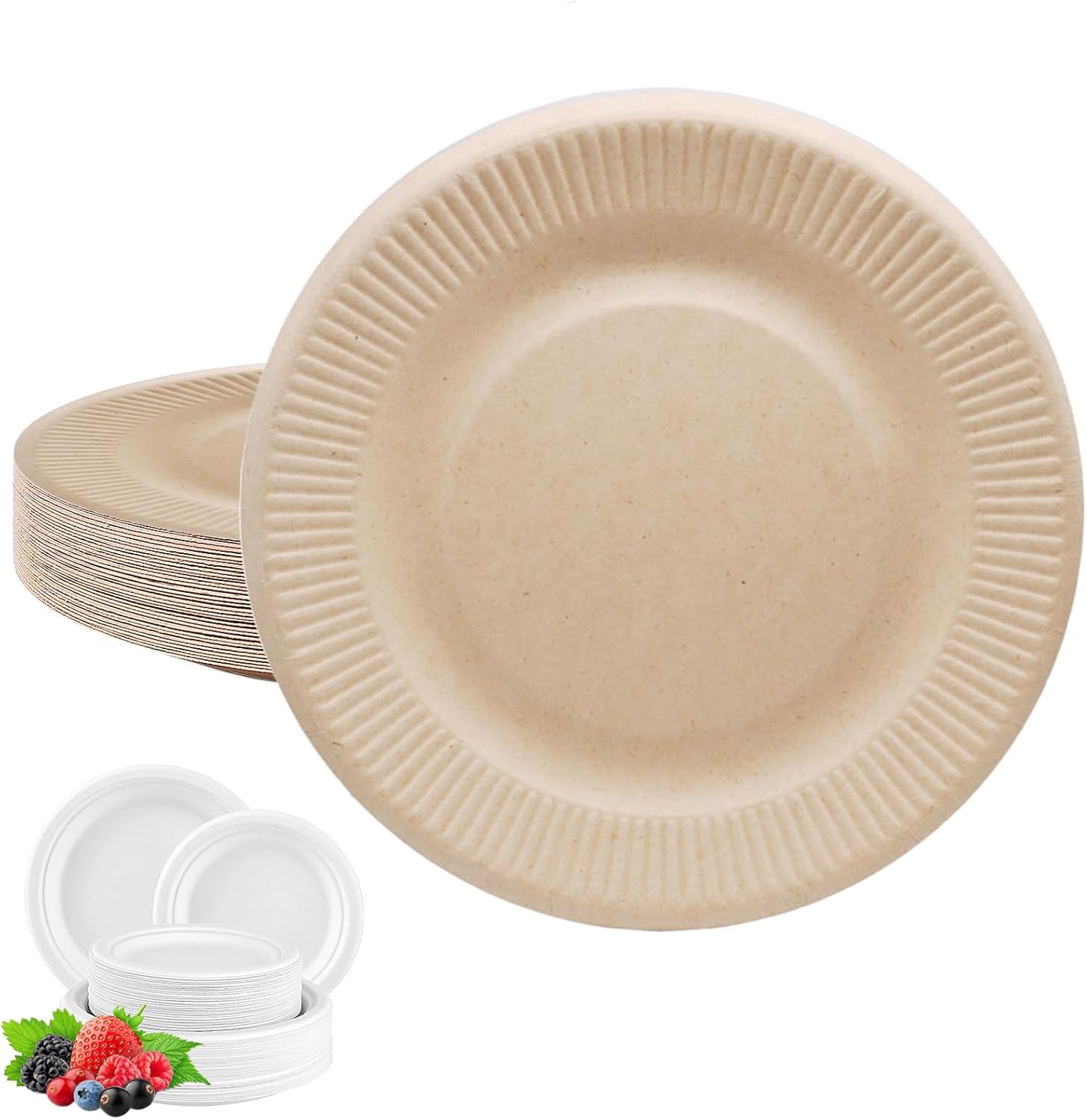 Disposable Paper Plates Brown 9inch/23cm,Super Rigid Bagasse Plates Eco ...