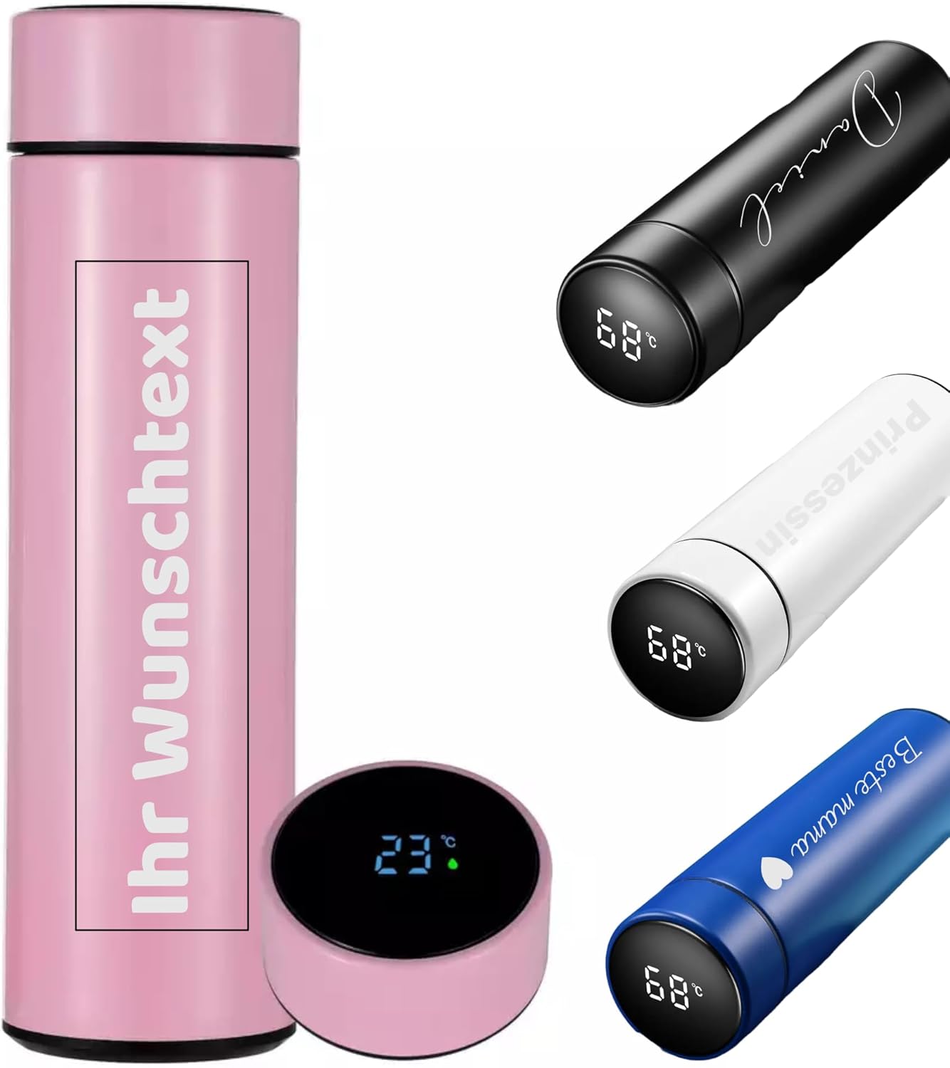 Gravierte Personalisierte Thermoskanne mit Temperaturanzeige 500ml Trinkflasche, Thermobecher ...