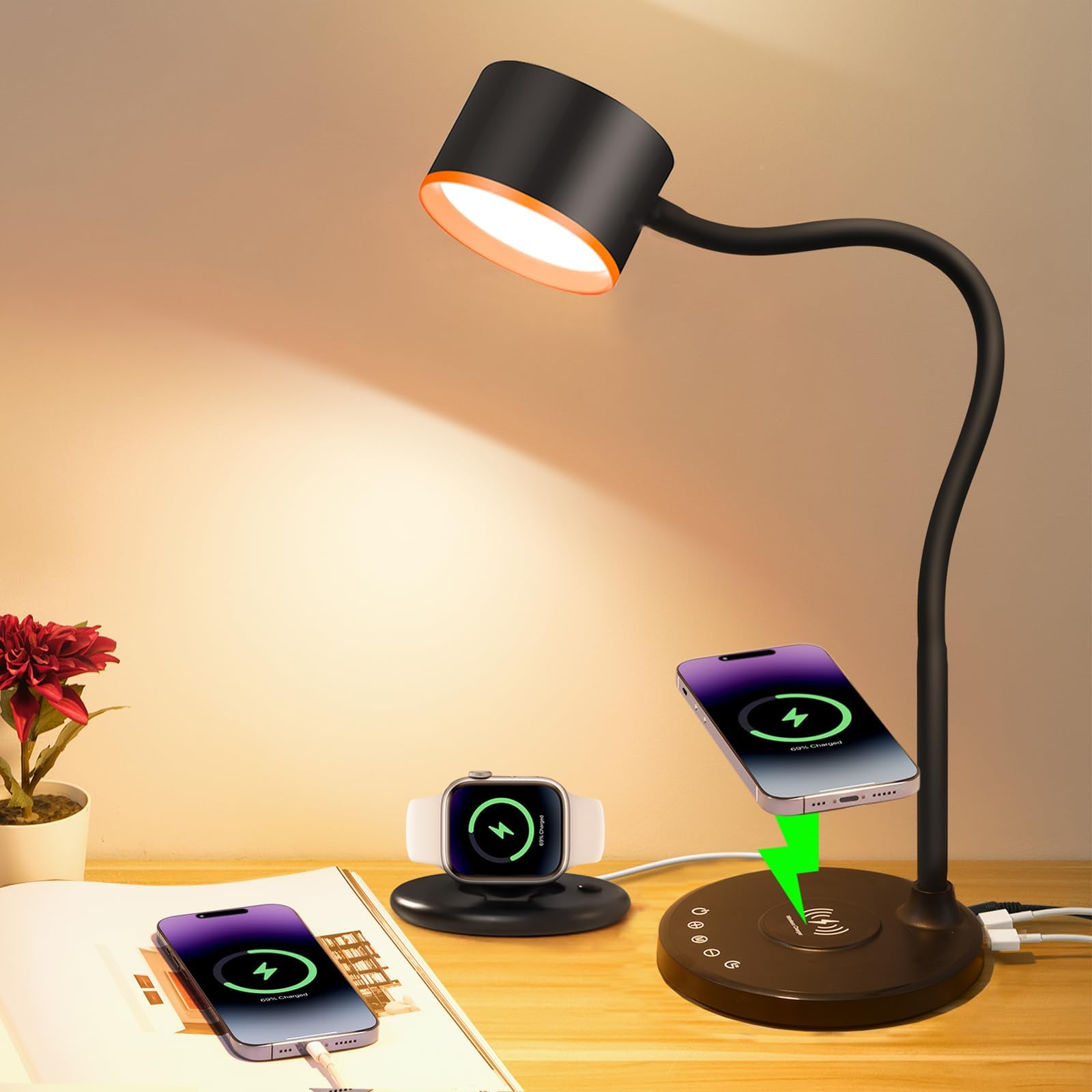LED Desk Lamp with Wireless Charger, USB C + A Charging Ports, Eye ...