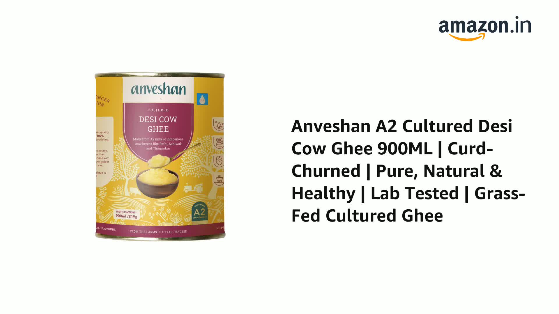 Watch Anveshan A2 Cultured Desi Cow Ghee 900ML | Curd-Churned | Pure ...