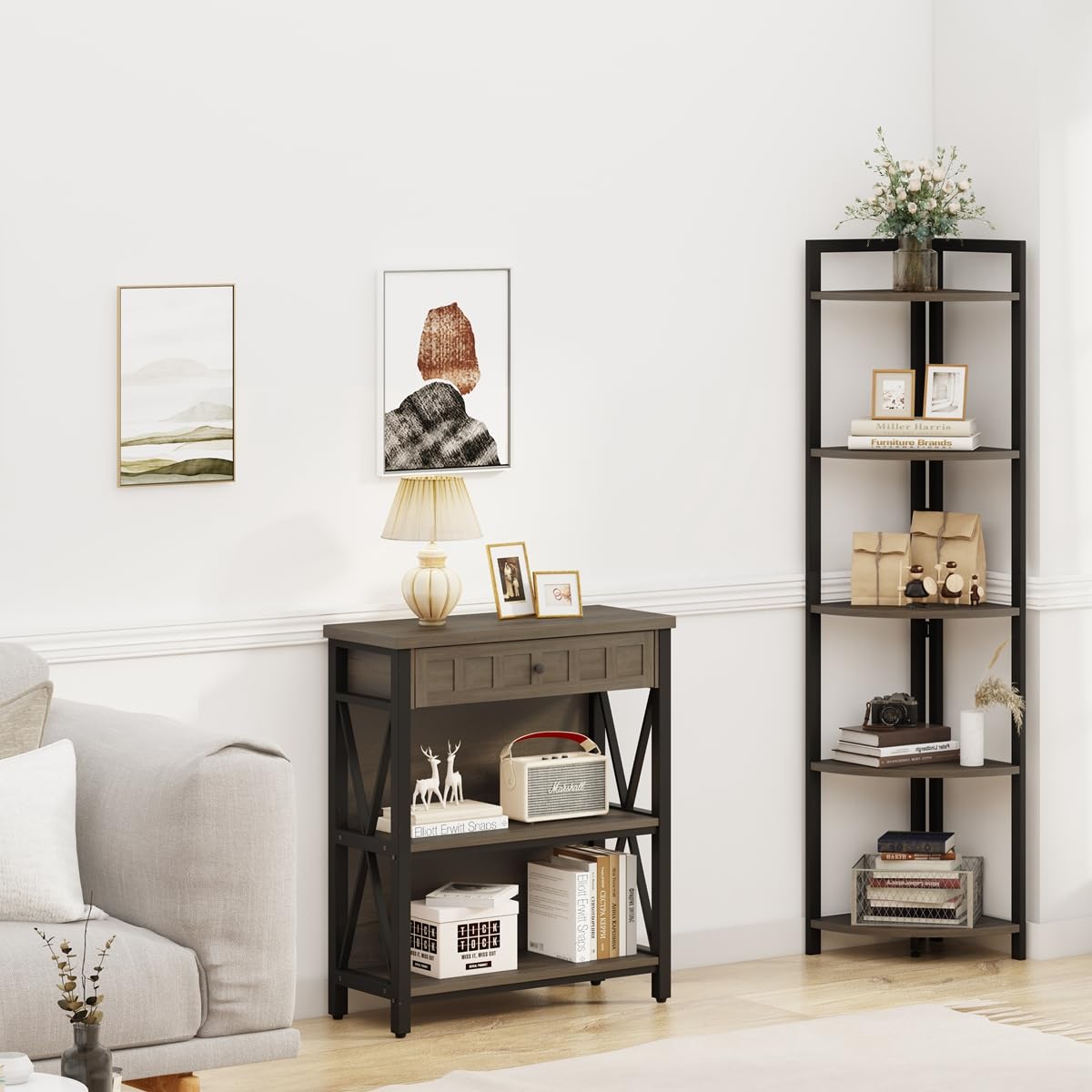 Amazon.com: FATORRI Rustic Tall Corner Bookshelf and Bookshelf with ...