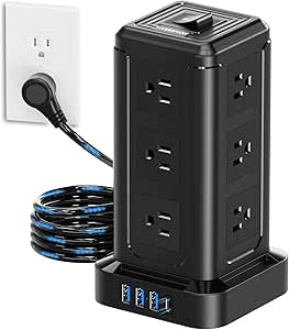 NVEESHOX Regleta Multicontacto, Torre Multicontacto USB con 12 Tomas de CA y 4 USB(1 USB C- PD ...