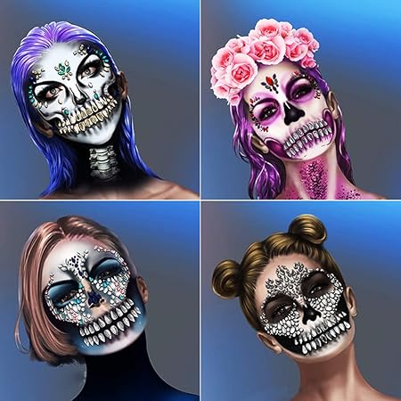 Amazon.com : Skeleton Face Gems Jewels, Halloween Temporary Face ...
