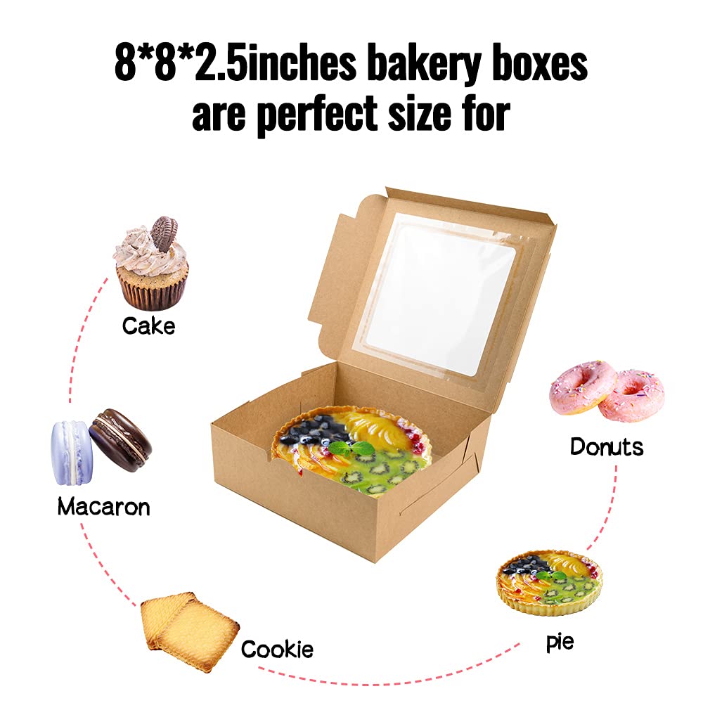 COLAZ Bakery Boxes with Window 8 x 8 x 2.7 Inches, 20 Packs Kraft Paper ...