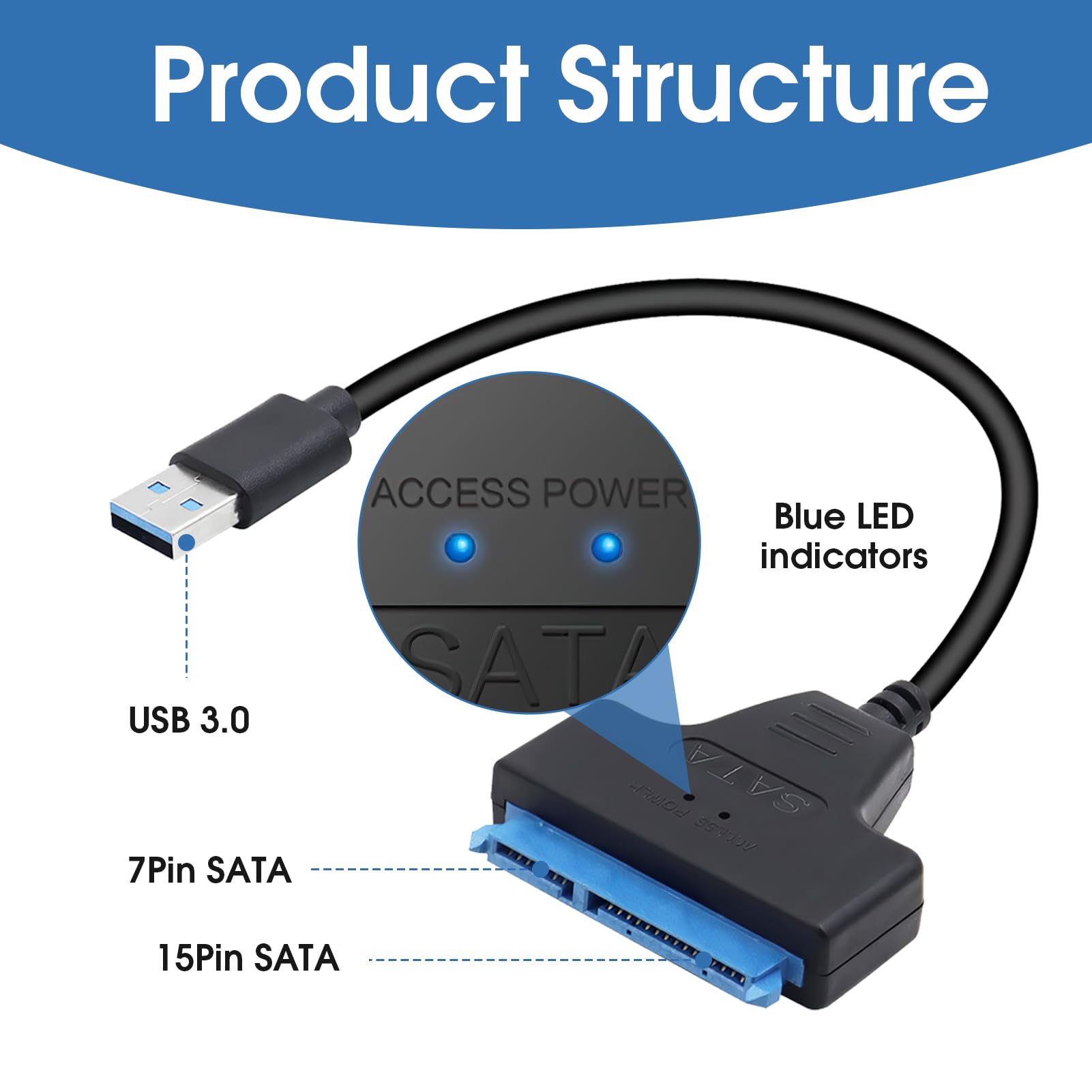 IBEIKE USB 3.0 to SATA Adapter Cable – 22 Pin USB to SATA 2.5” Adapter ...