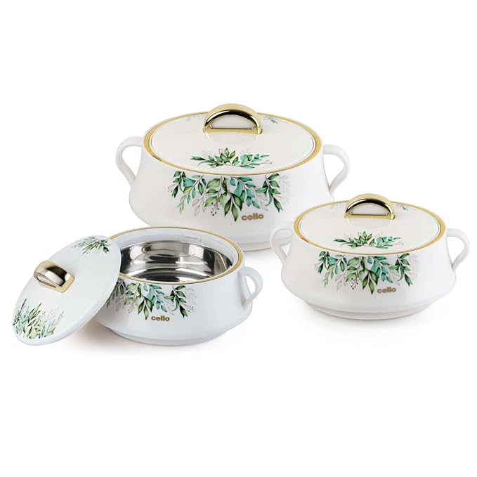 Buy CELLO Midas Insulated Inner Steel Casserole Set of 3, White, (500ml ...