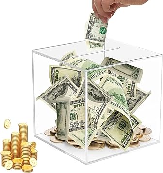 Hojalis Clear Acrylic Money Box, 15x15x15cm Square Savings Box, Break ...
