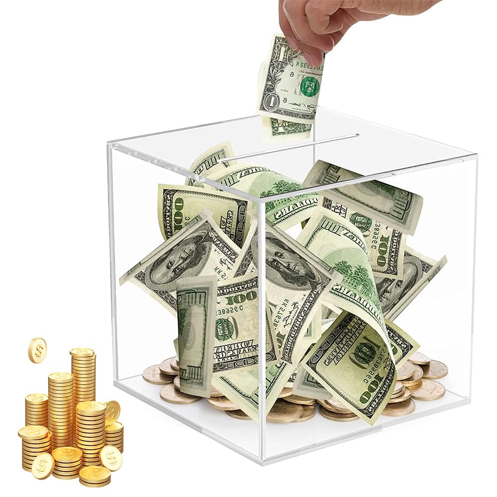 Hojalis Clear Acrylic Money Box, 15x15x15cm Square Savings Box, Break ...