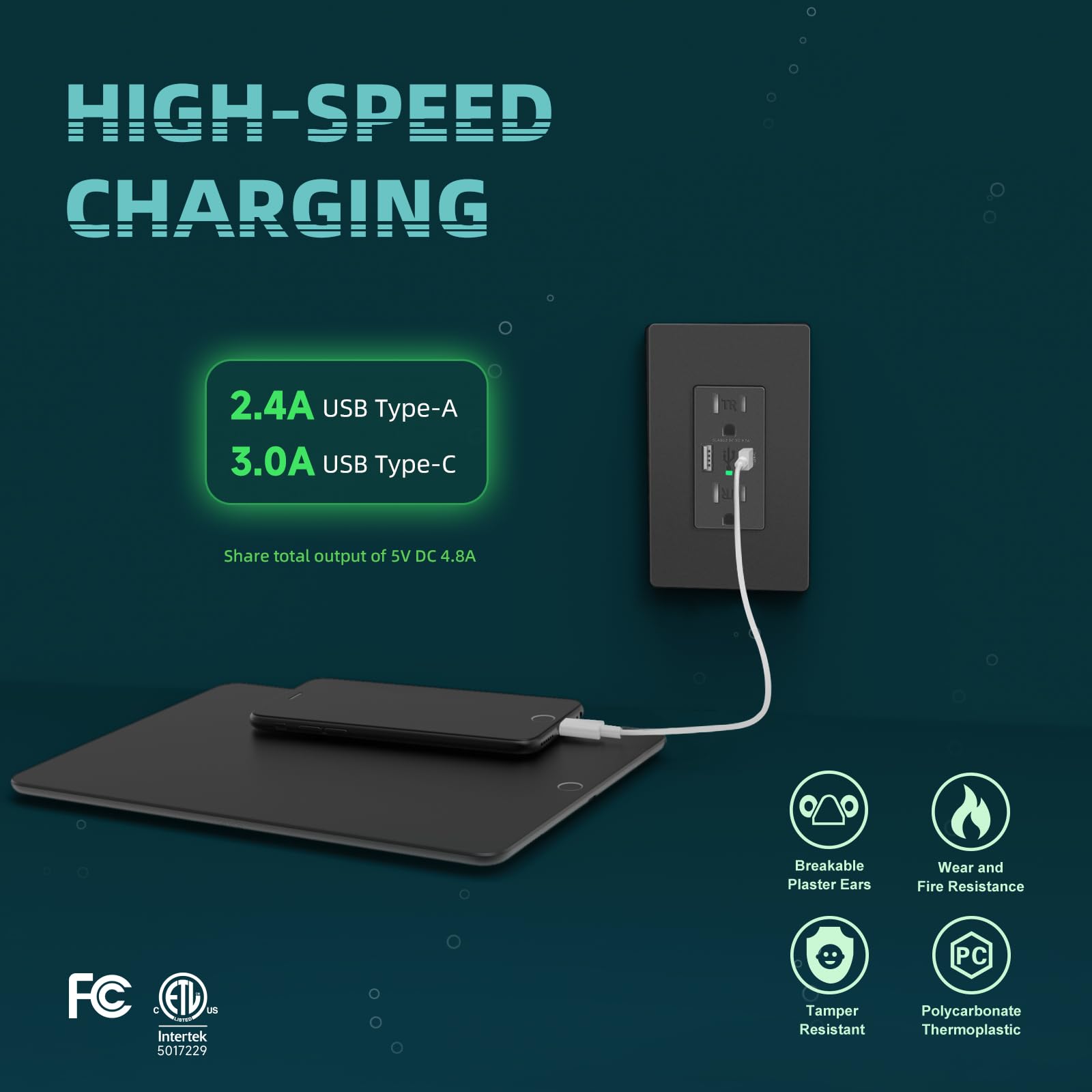 Snapklik.com : TOPELER Black USB Wall Outlet, 4.8A USB Charger Wall ...