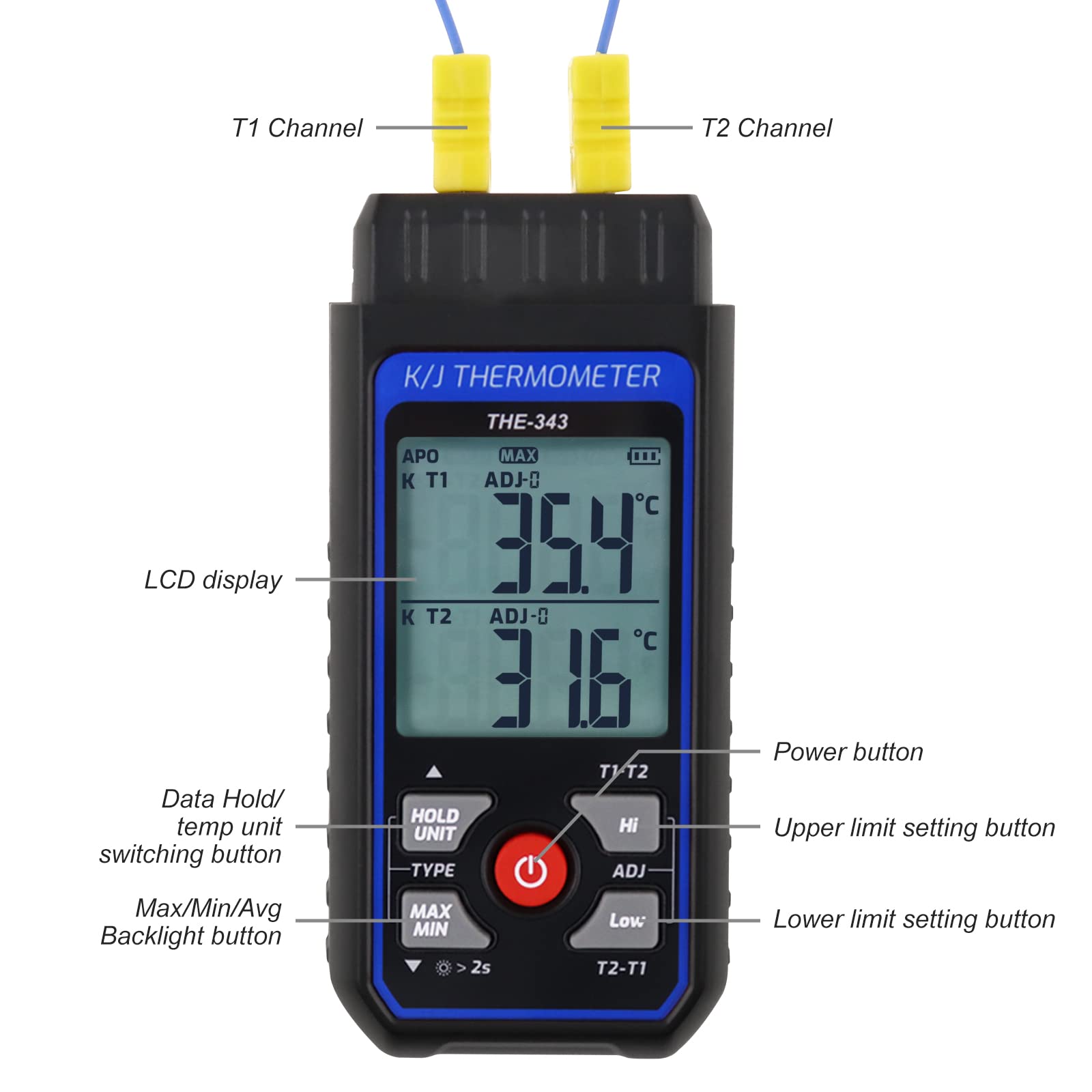 Snapklik.com : K/J Type Thermocouple Dual Channel Thermometer, T1-T2 ...