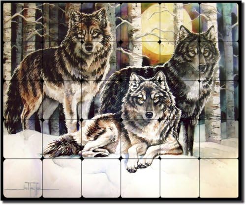 3 Wolves by Jan Taylor - Wolf Animal Tumbled Marble Mural 20" x 24 ...