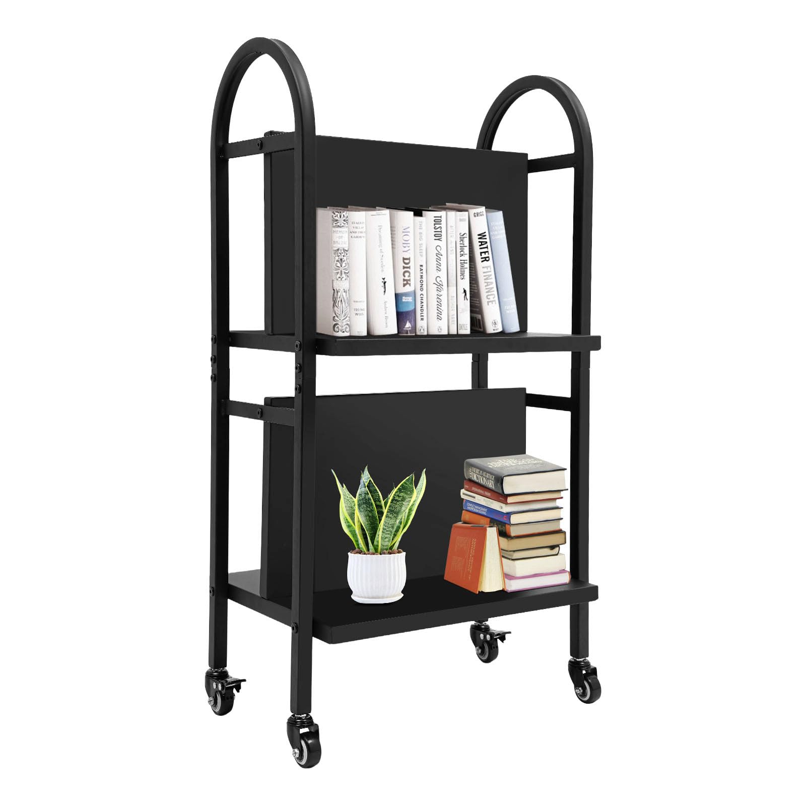 Mobile Library Organizer 2-Tier Rolling Library Book Cart - Black Steel ...